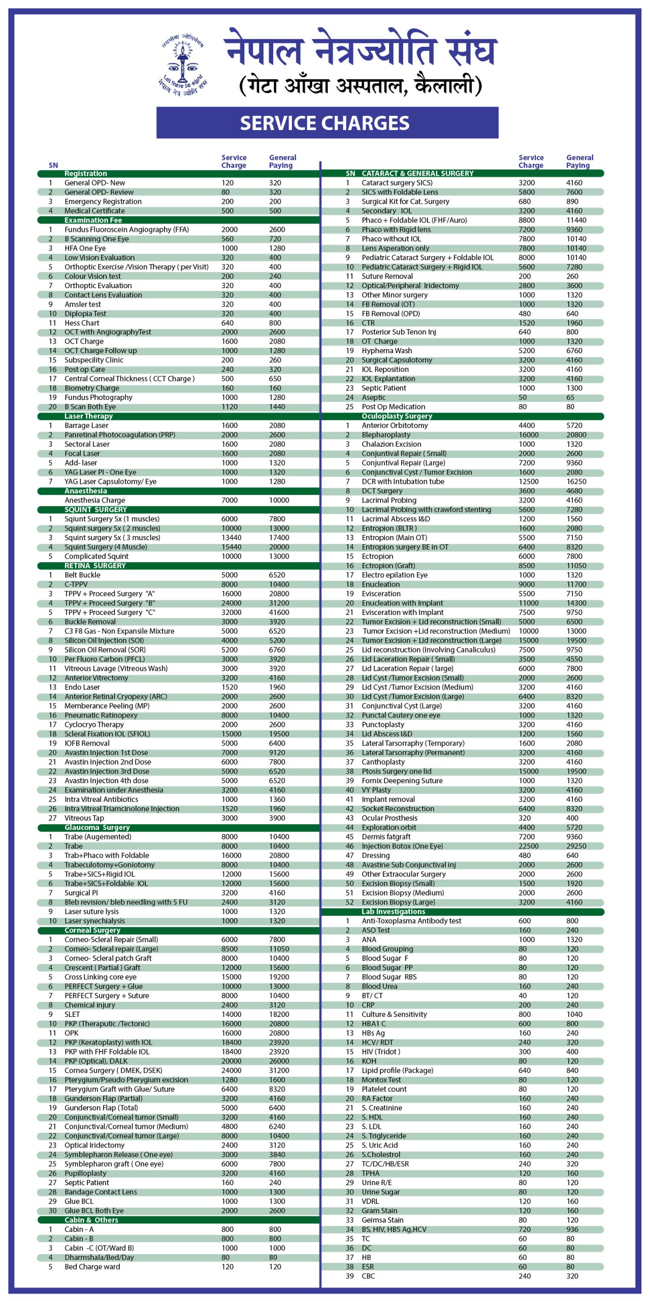 Services Charge List – Geta Eye Hospital